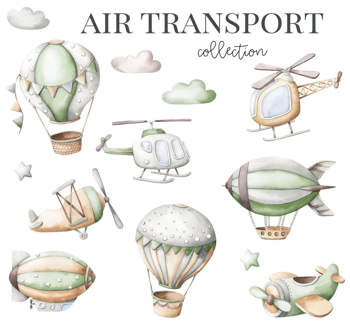Air Transport Watercolor Clipart Helicopter Hot Air Balloon - Etsy