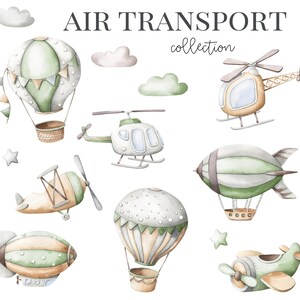 Air Transport Watercolor Clipart, Helicopter Hot Air Balloon Zeppelin ...