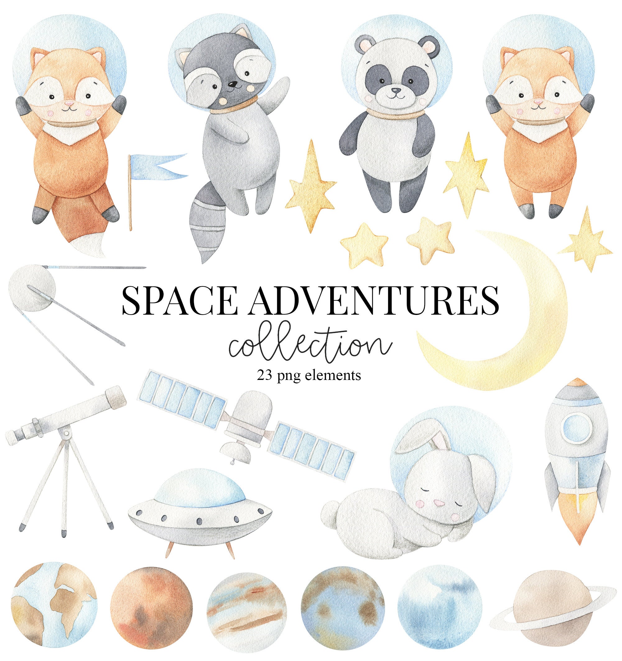 Space Animals Astronaut Watercolor Clipart Planet Clip Art - Etsy