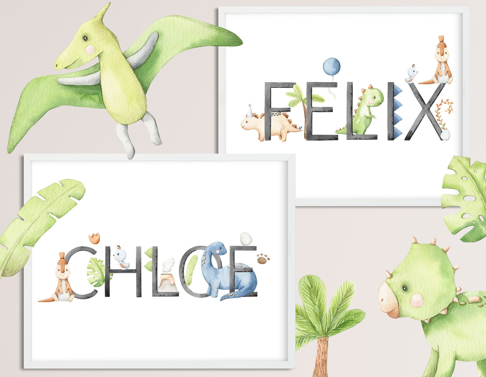 Watercolor Dinosaurs Name Creator Clipart. Dino Nursery Art - Etsy