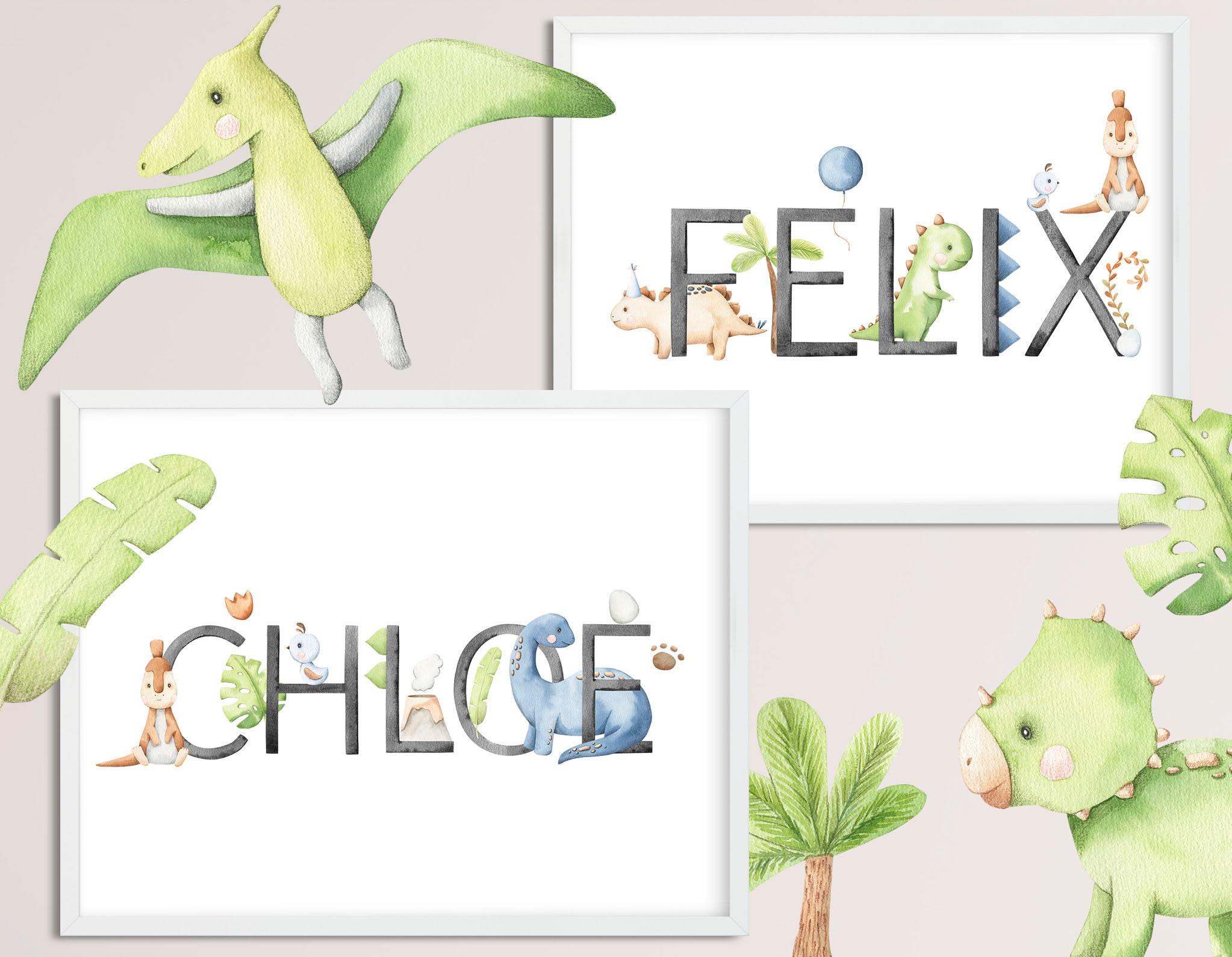 Watercolor Dinosaurs Name Creator Clipart. Dino Nursery Art - Etsy