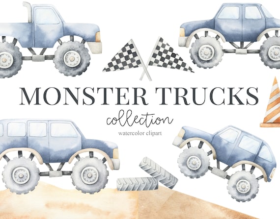 Watercolor Monster Trucks Off-road Cars Boys Clipart | Etsy