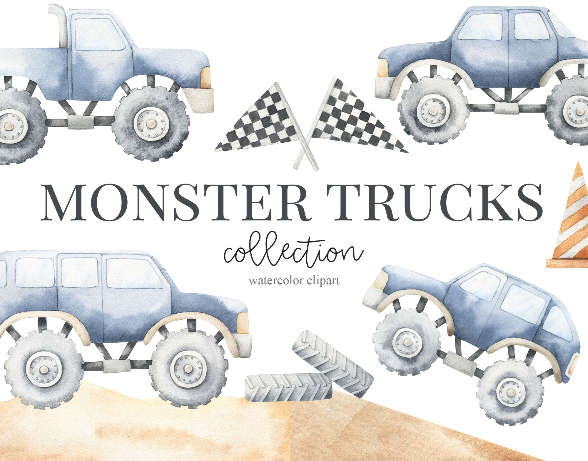Watercolor Monster Trucks off-road cars Boys clipart | Etsy