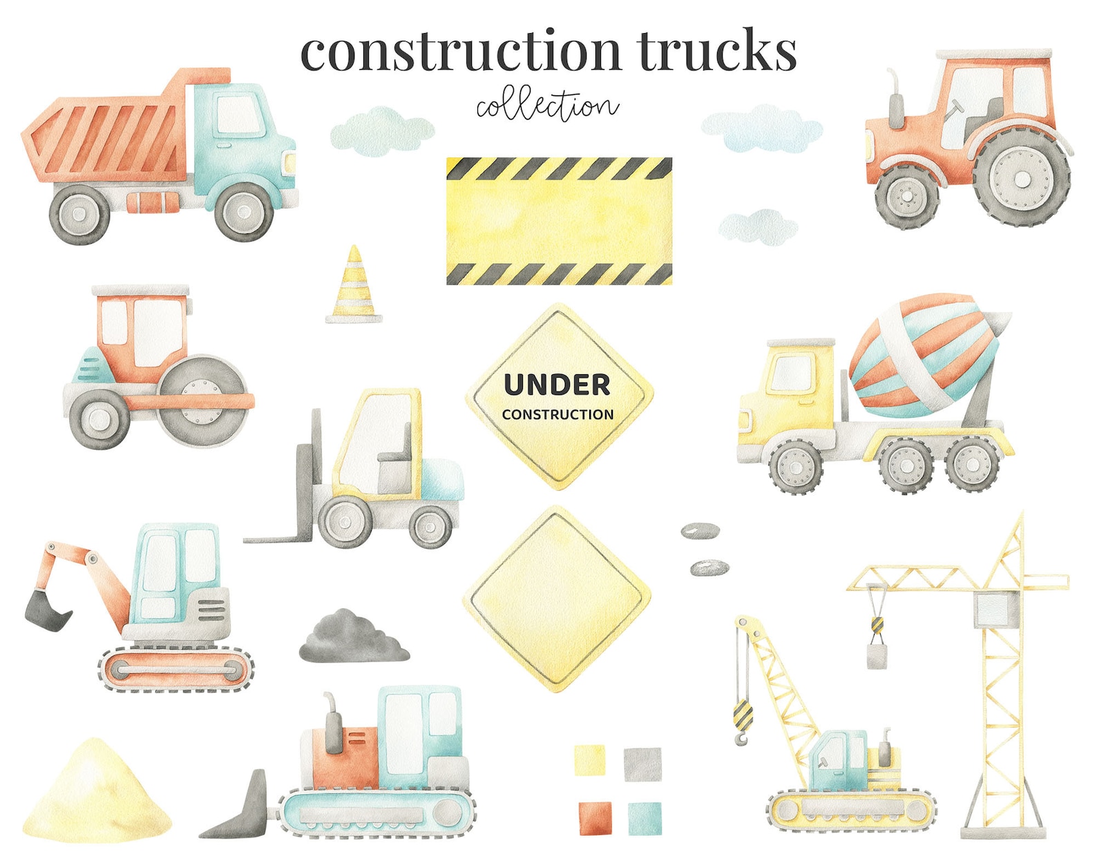 Watercolor Construction Trucks, Construction Cars, Boys Clipart ...