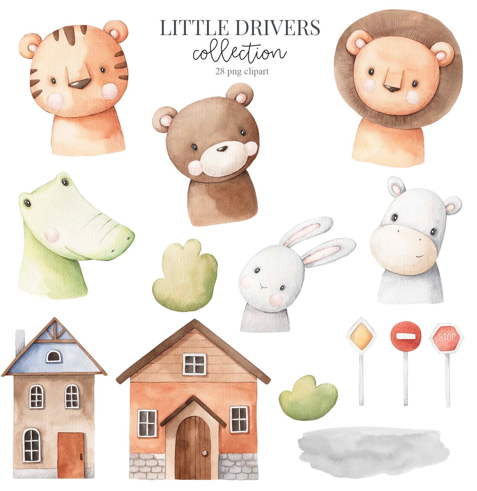 Watercolor Driver Animal Clipart. Cars. Watercolor Jungle | Etsy