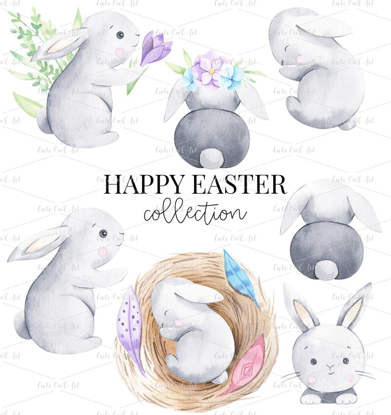 Watercolor Easter Bunny Clipart Egg Holiday Rabbits and - Etsy