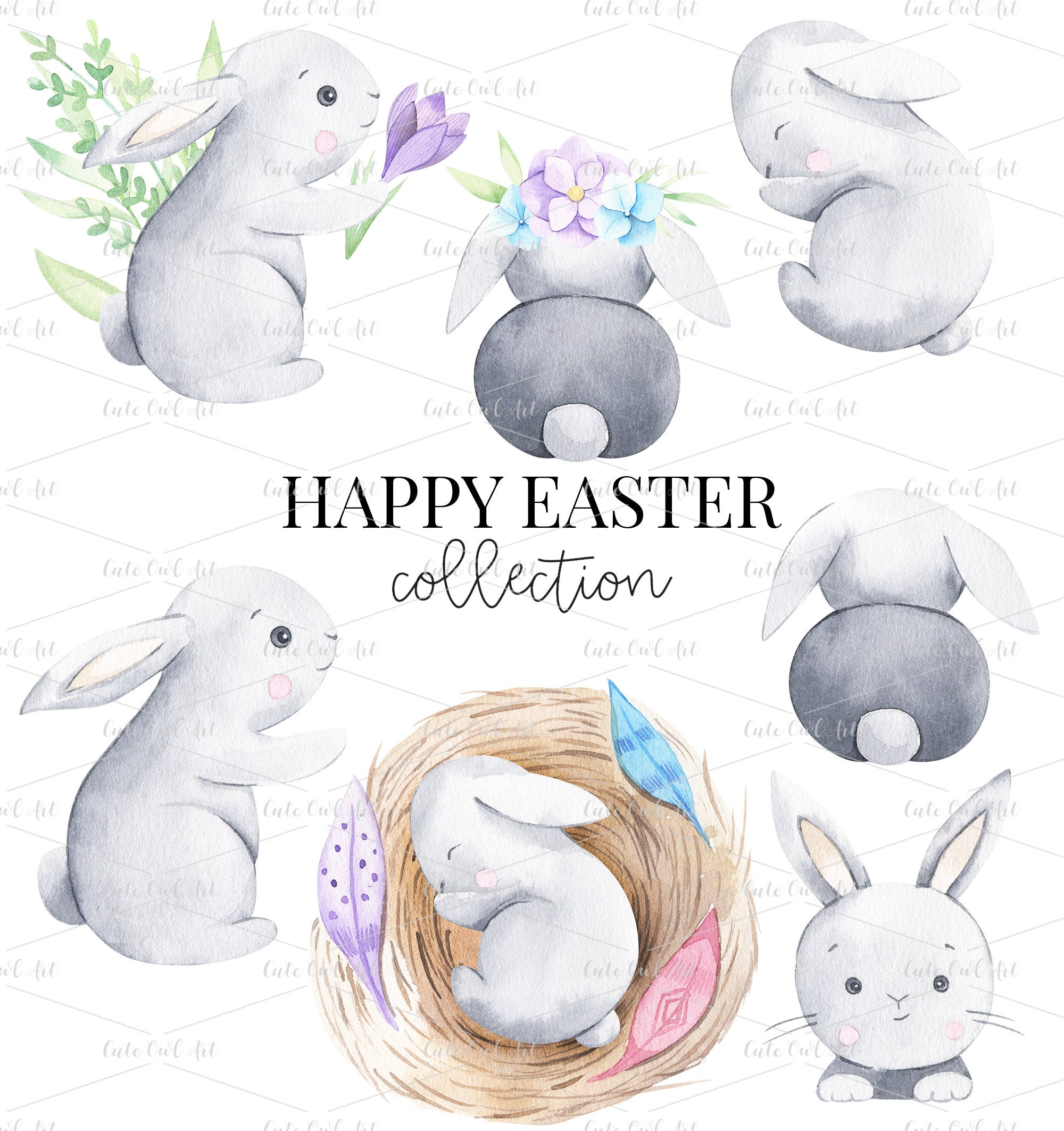 Watercolor Easter Bunny Clipart Egg Holiday Rabbits and - Etsy