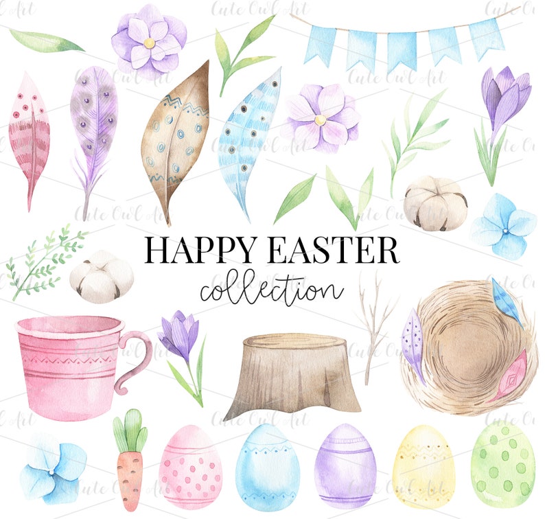 Cute Easter Watercolor Clipart Bunny Flowers Eggs Clip Art | Etsy