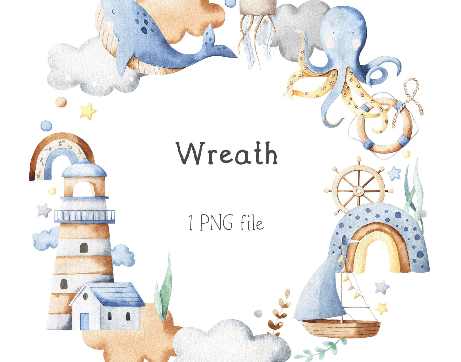 Nautical Wreath. Baby Boy Wreath Clipart. Watercolor Baby Illustrations ...