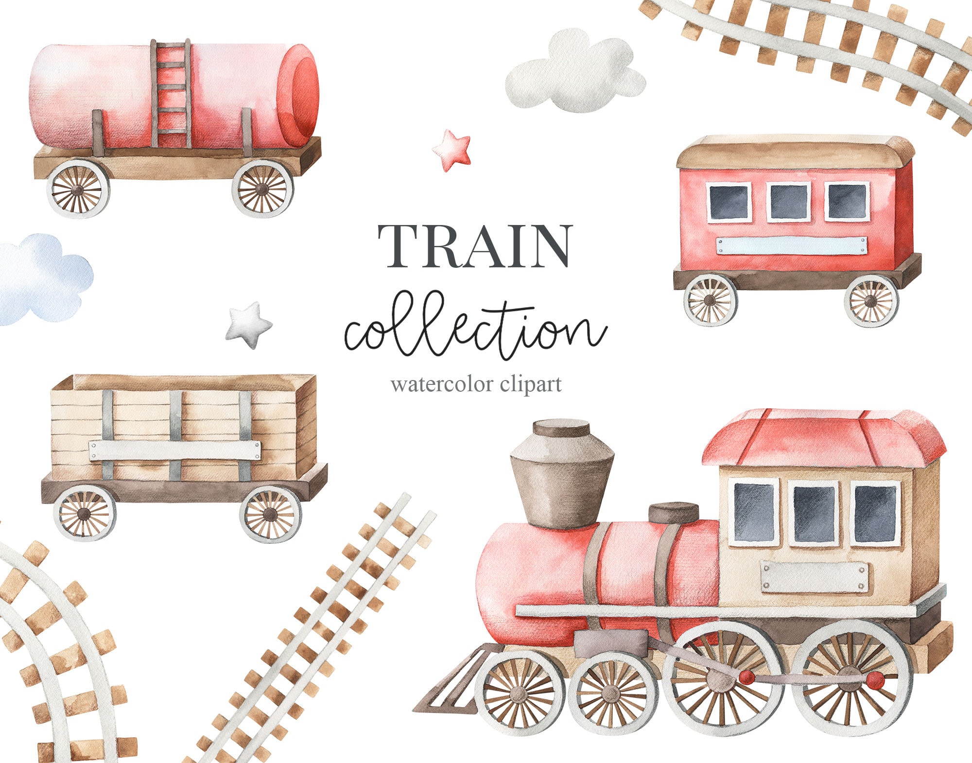 Watercolor Train Clipart Rail Wagons Watercolor Kids - Etsy