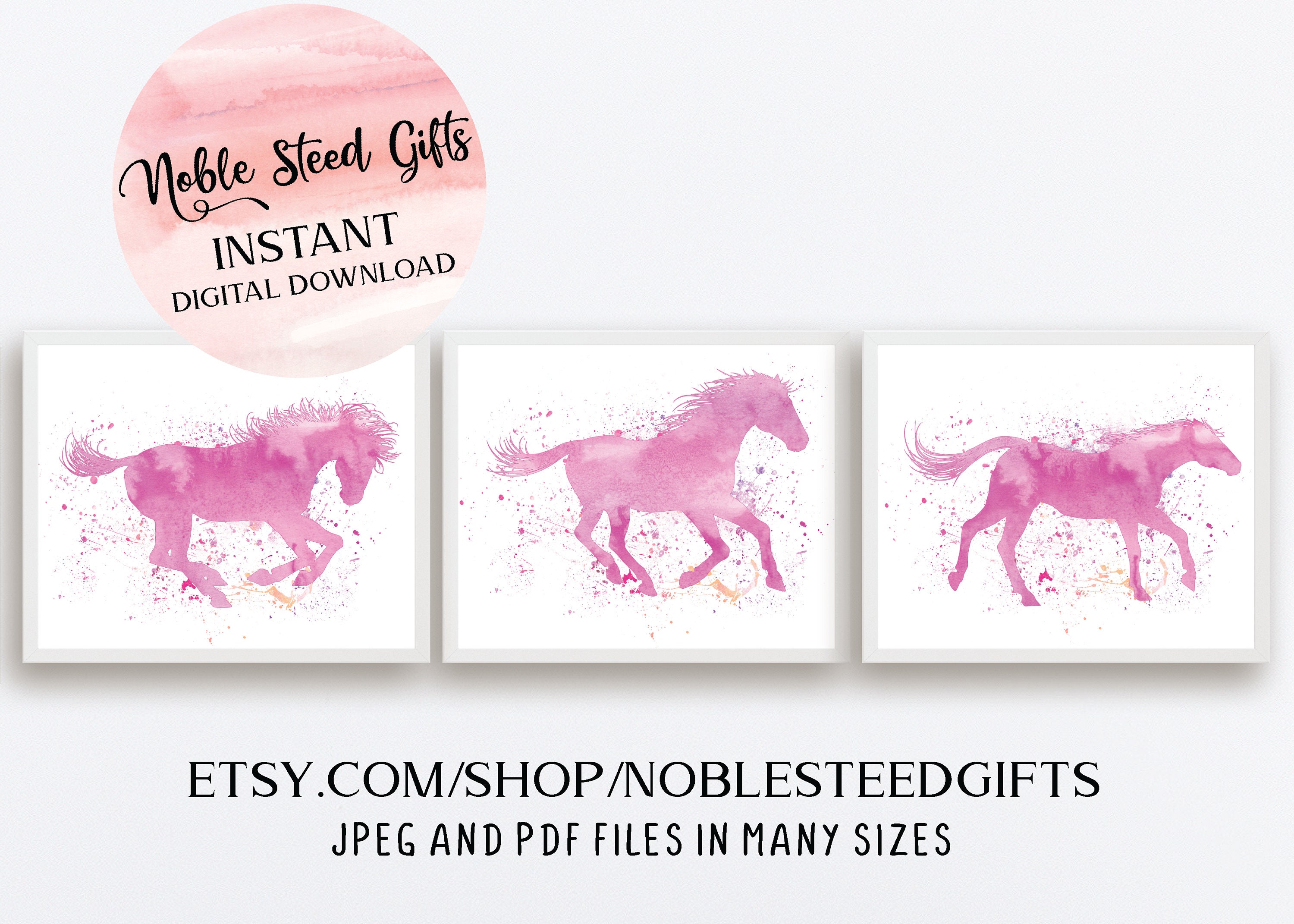 Set of 3 Horse Art Prints Pink Horse Watercolor Printable - Etsy