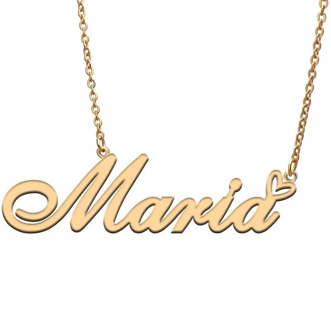 15 Inch Simple Cursive “MARIA” Name Necklace With Heart | 14K Gold or ...