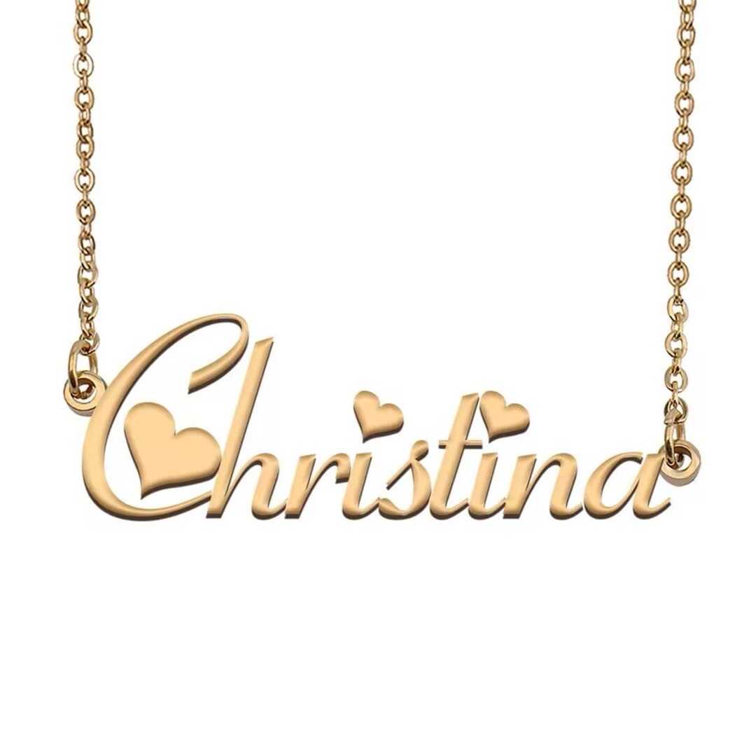 15 Inch Simple Cursive “CHRISTINA” Name Necklace With Hearts | 14K Gold ...
