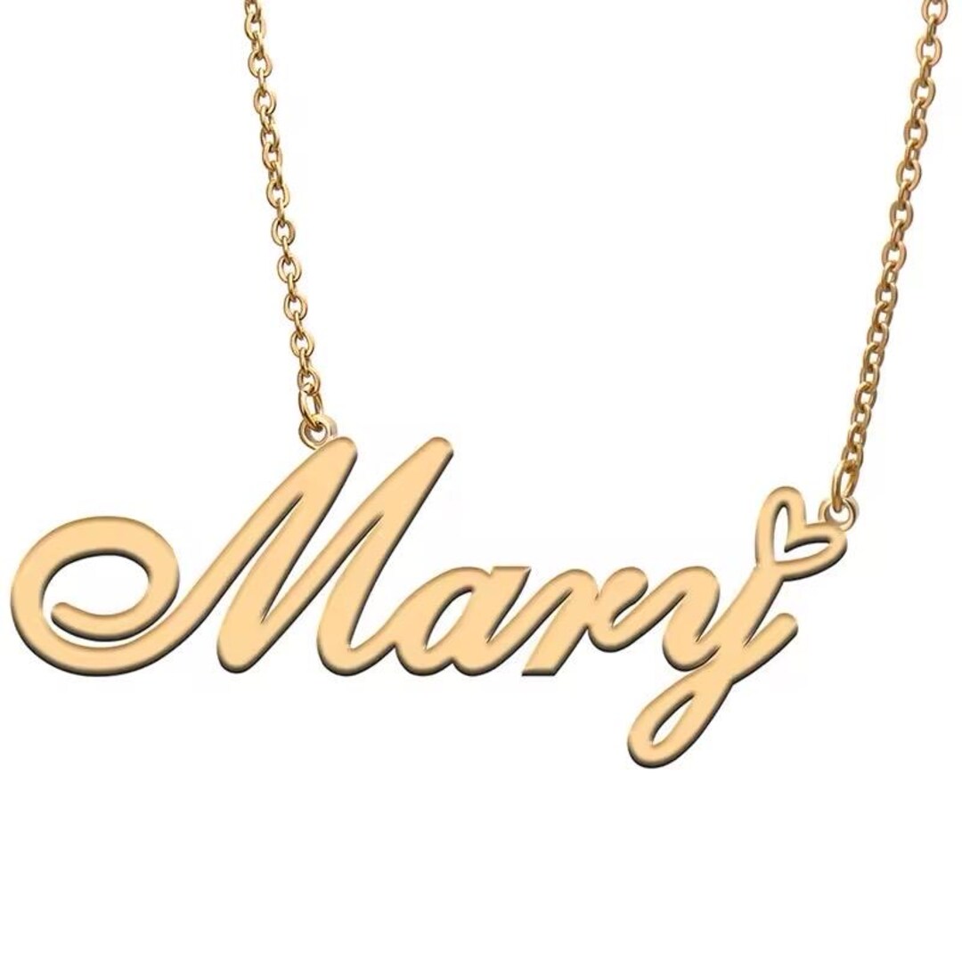 15 Inch Simple Cursive “MARY” Name Necklace With Heart | 14K Gold or ...