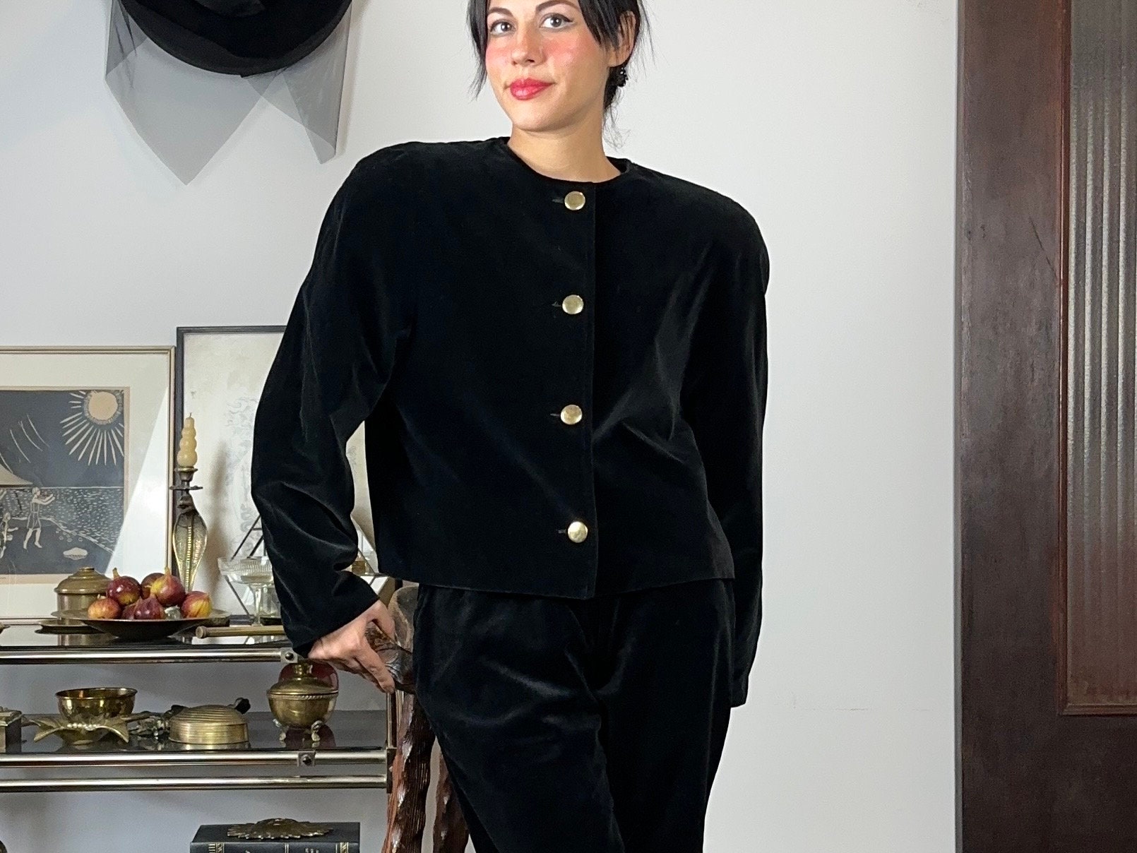 Vintage 80s Edgy Black Velvet Crop Jacket Collarless Blazer Gold Button ...