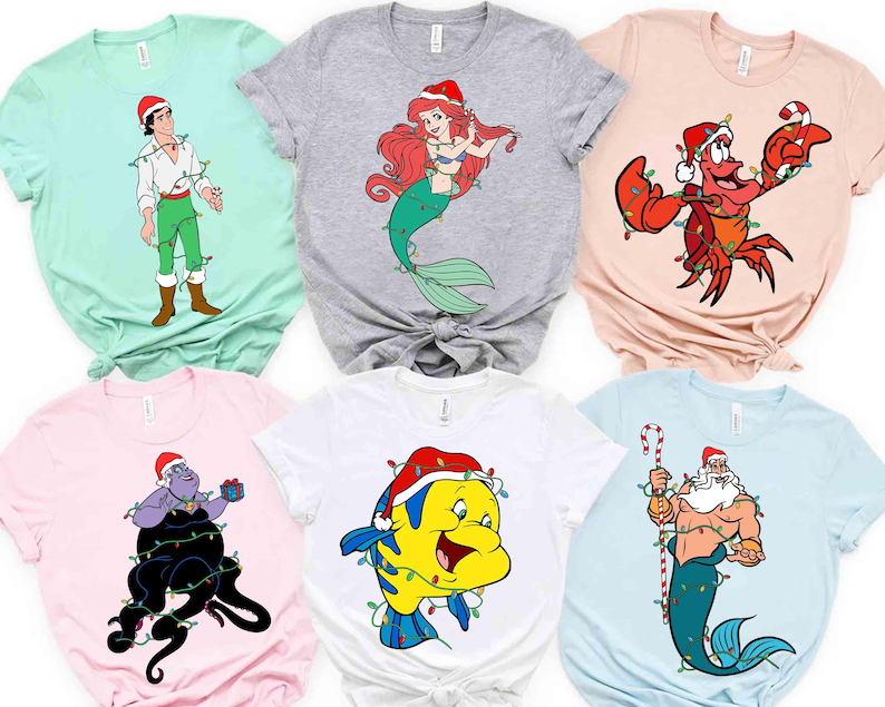 Disney the Little Mermaid Characters Christmas Lights Shirt, Santa ...