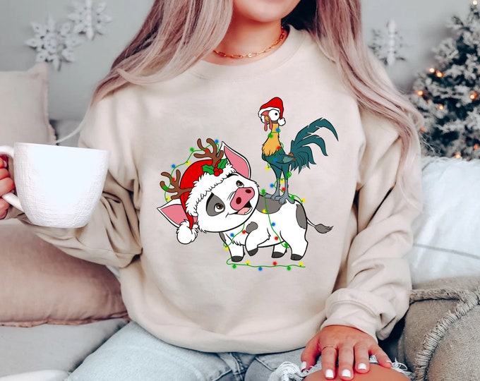 Disney Moana Santa Pua and Hei Hei Christmas Lights T-shirt, Cute Pua ...