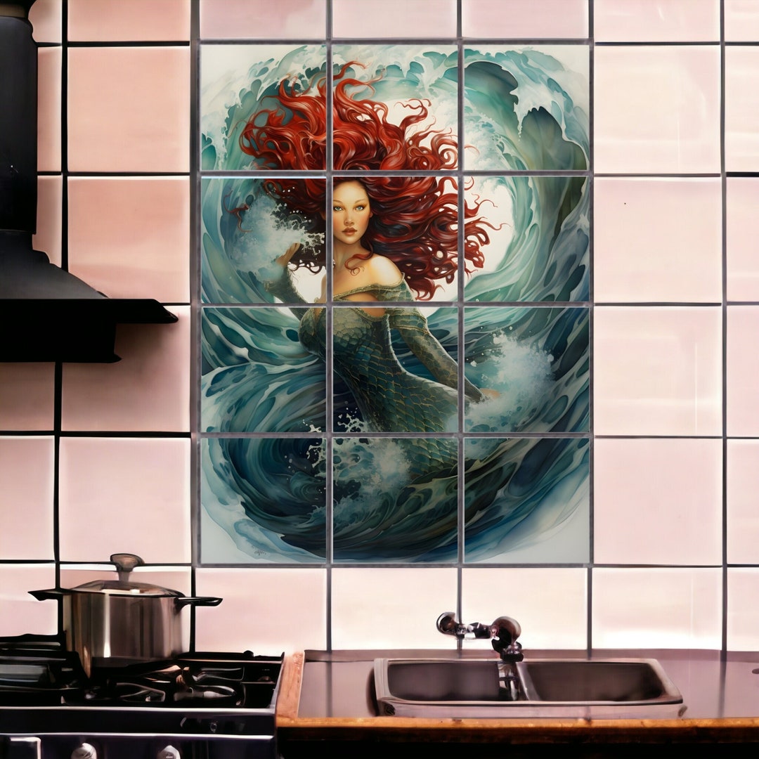 Peel and Stick Ceramic Tiles Set of 12 Mermaid's Wave Bathroom, Kitchen ...
