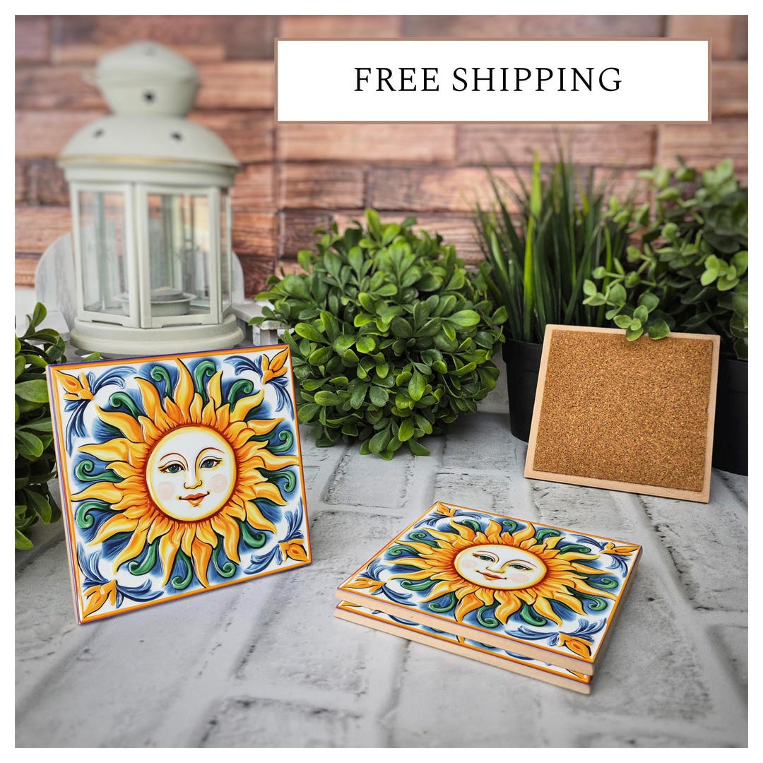 Sicilian Sun Ceramic Coasters, Housewarming Gift, Set of 4 - Etsy
