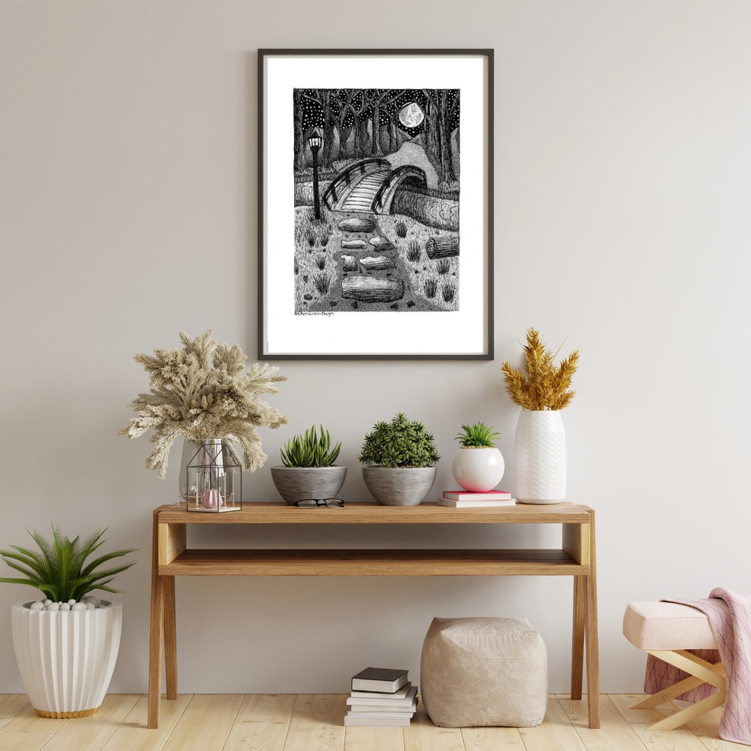 Enchanted Fantasy Forest Landscape Pen and Ink Art Print for Home and ...