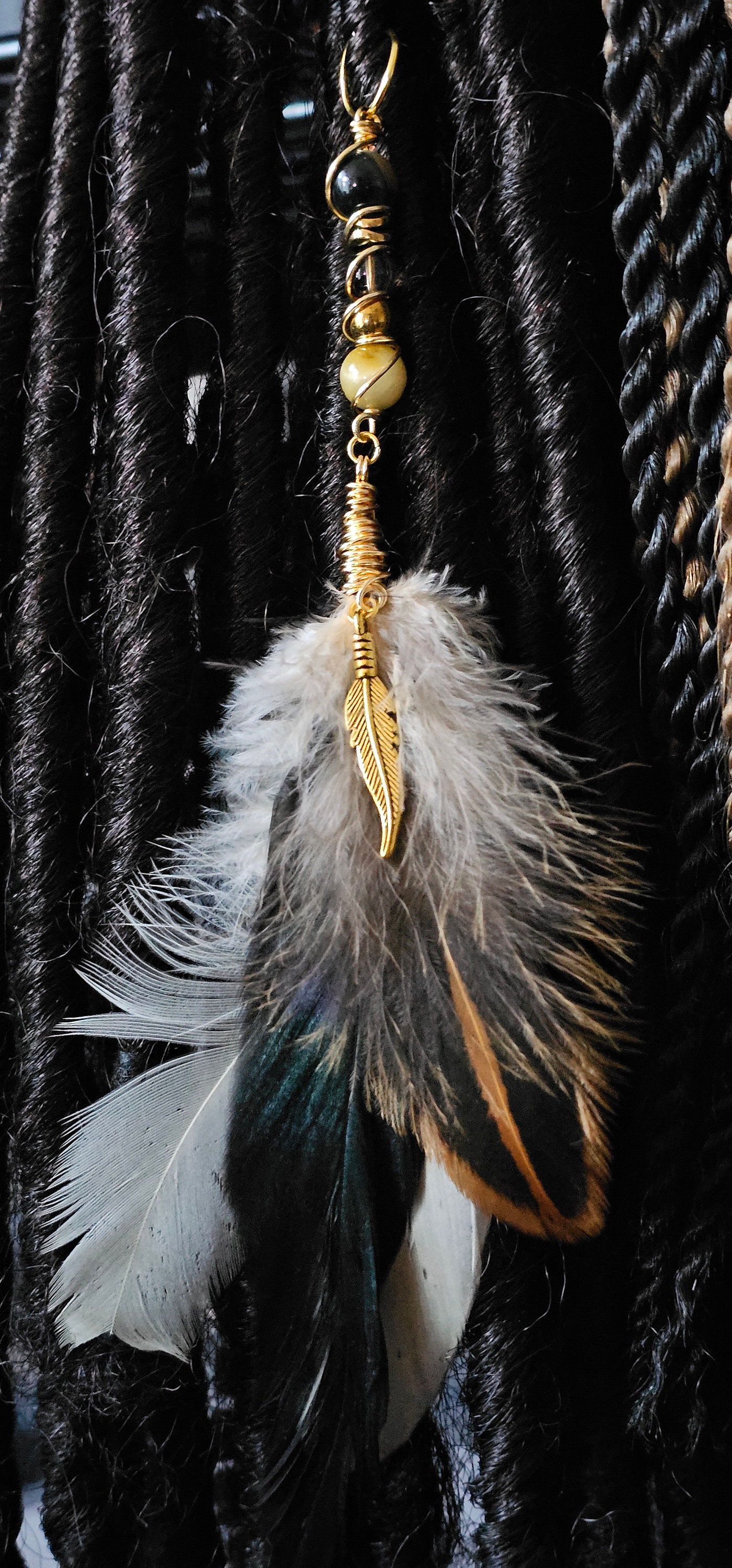 Delicate Feather Hair Ring, Tiger Eye, Smoky Quartz, Hematite Crystal ...