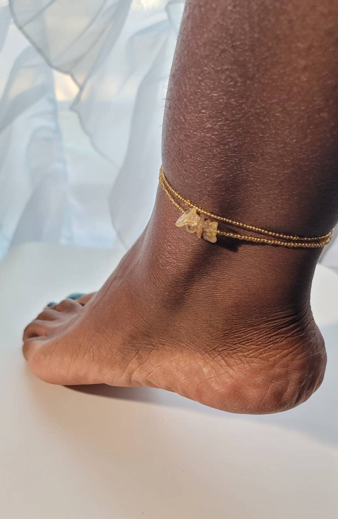 Elastic Gold Beaded Anklet Set, Citrine Crystal Ankle Bracelet, 2 Ankle ...