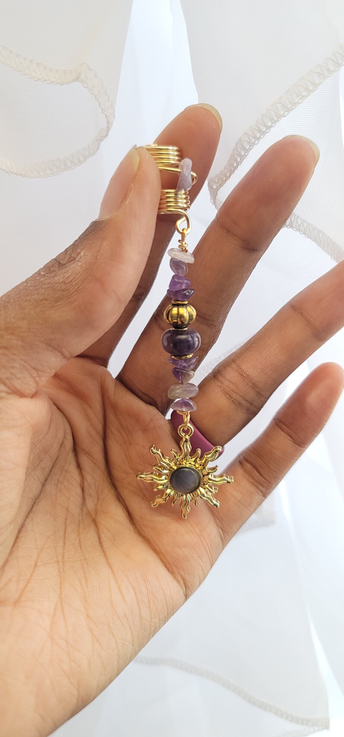 Amethyst Crystal Loc Jewelry, Gold Sun Copper Hair Beads, Natural Stone ...