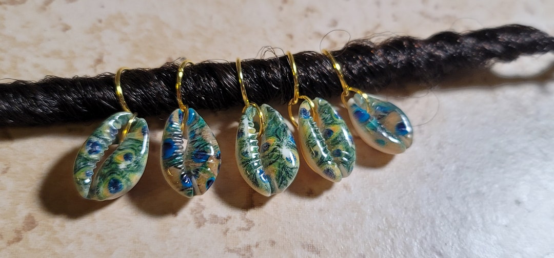 5pcs Peacock Printed Natural Cowrie Shell Hair Rings, Dread Hair Rings ...