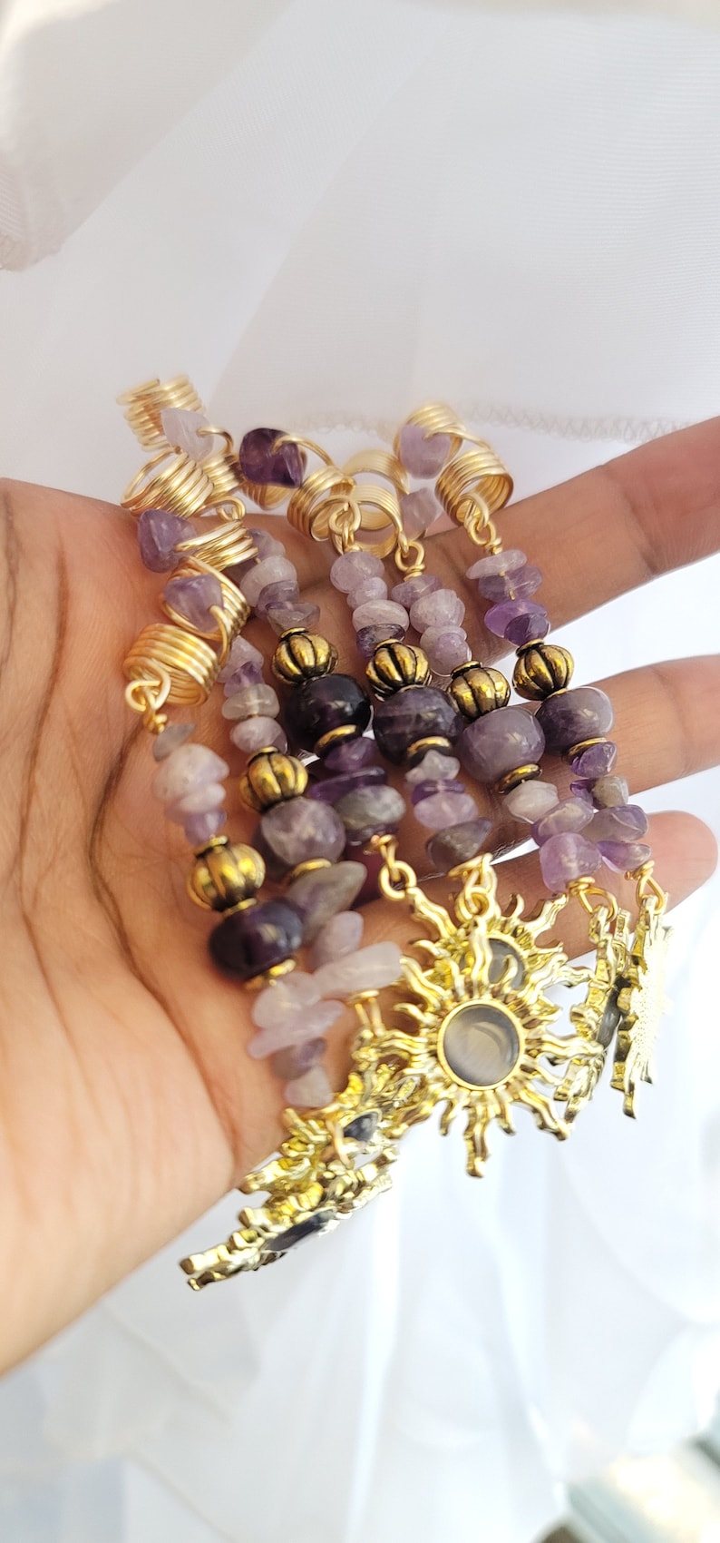 Amethyst Crystal Loc Jewelry, Gold Sun Copper Hair Beads, Natural Stone ...