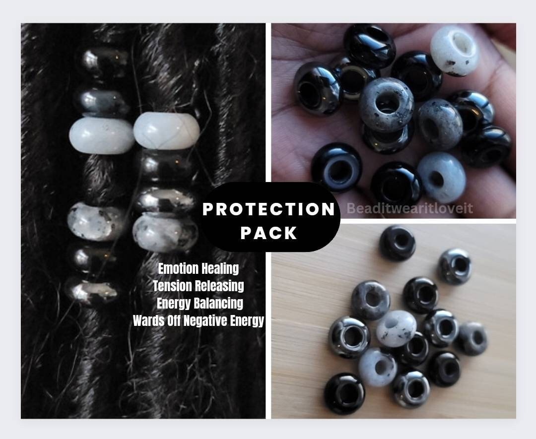 10 Protection Pack Crystal Loc Beads, Hematite Moonstone Onyx Obsidian ...