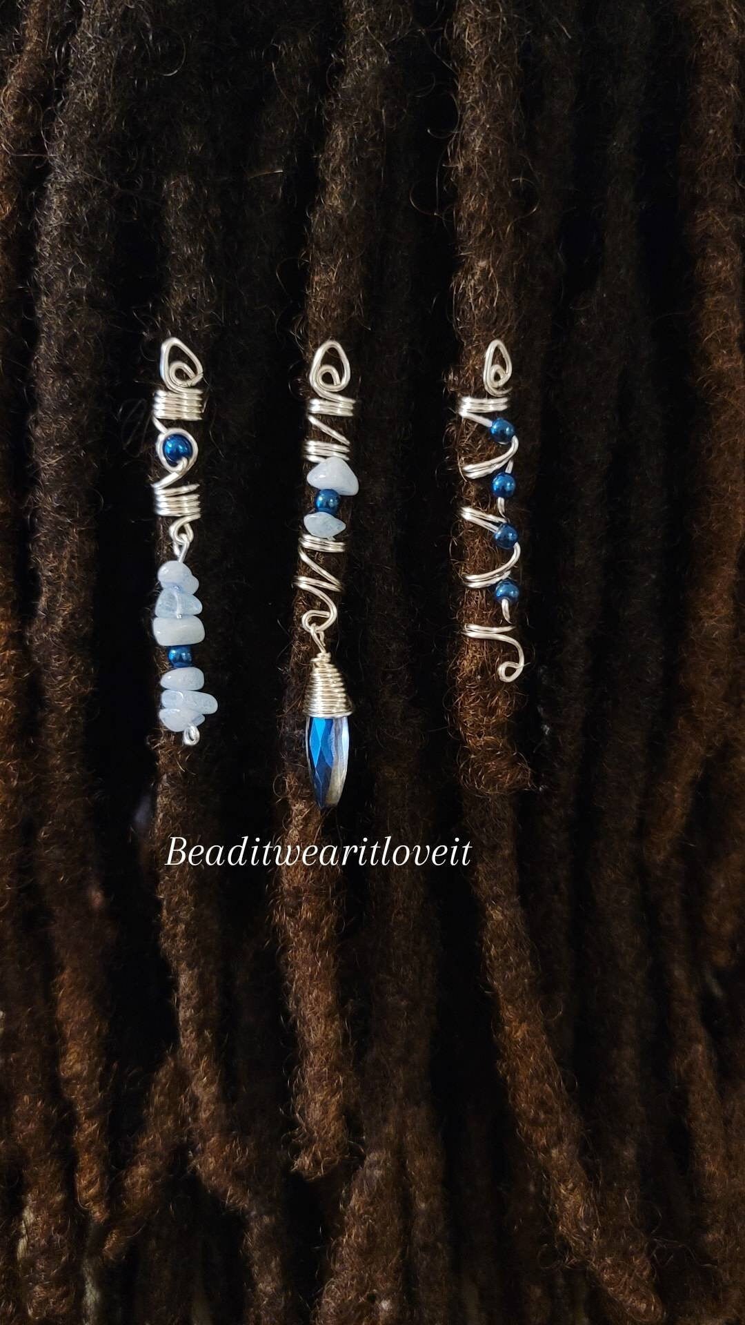 3 Pcs Aquamarine & Hematite Crystal Loc Jewelry Set. Dreadlock Beads ...
