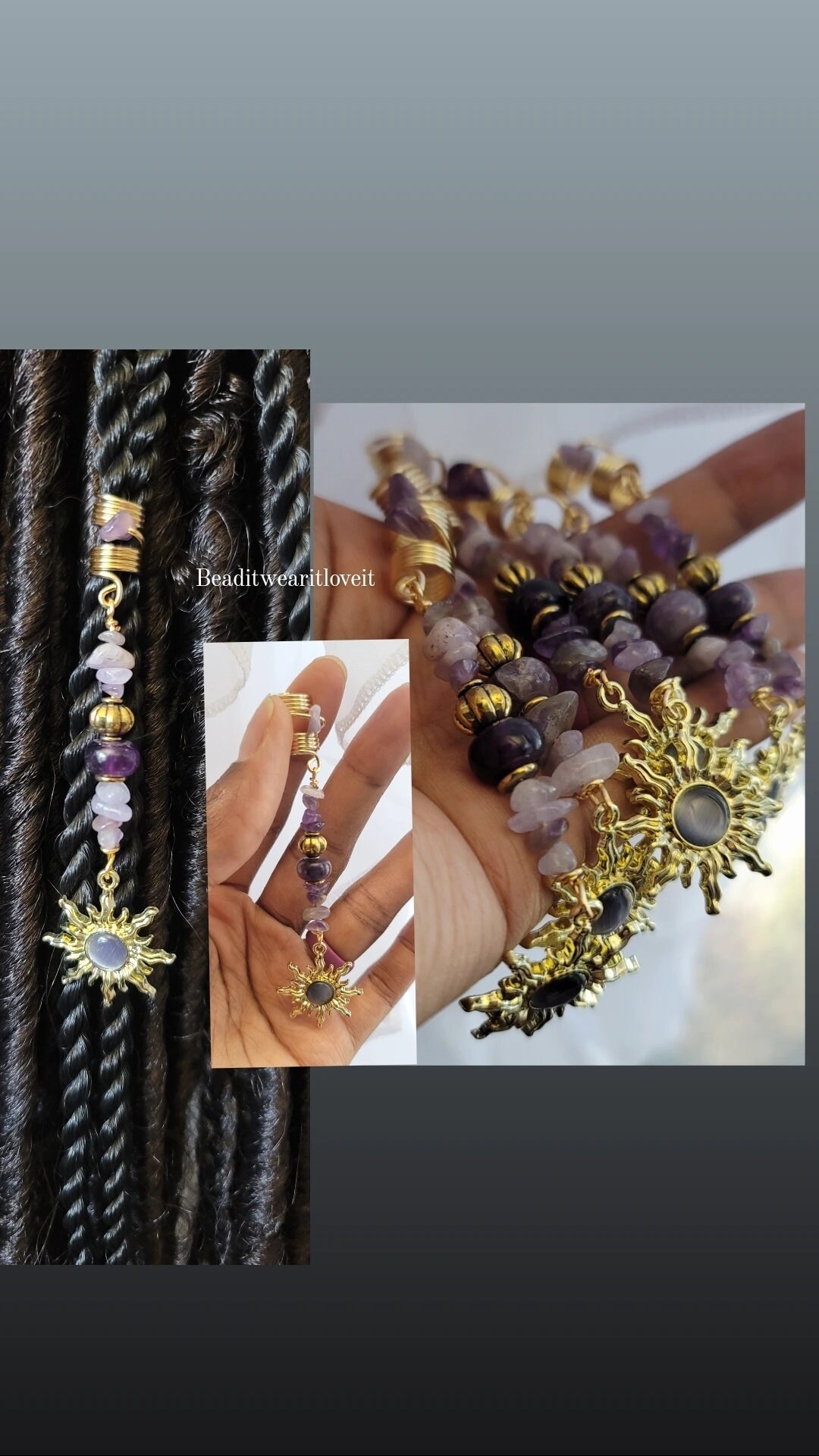 Amethyst Crystal Loc Jewelry, Gold Sun Copper Hair Beads, Natural Stone ...