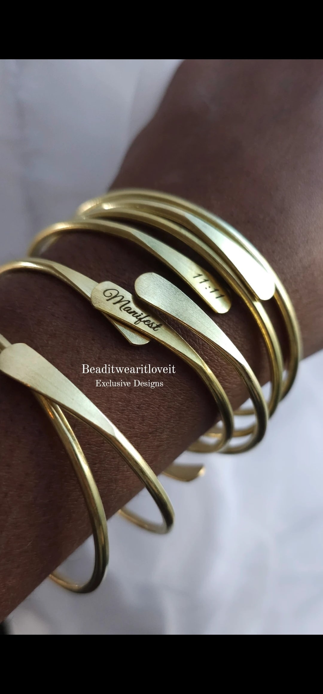 One 11:11 Manifest Engraved African Brass Bangles, Adjustable Stackable Bracelets, Gold Silver ...