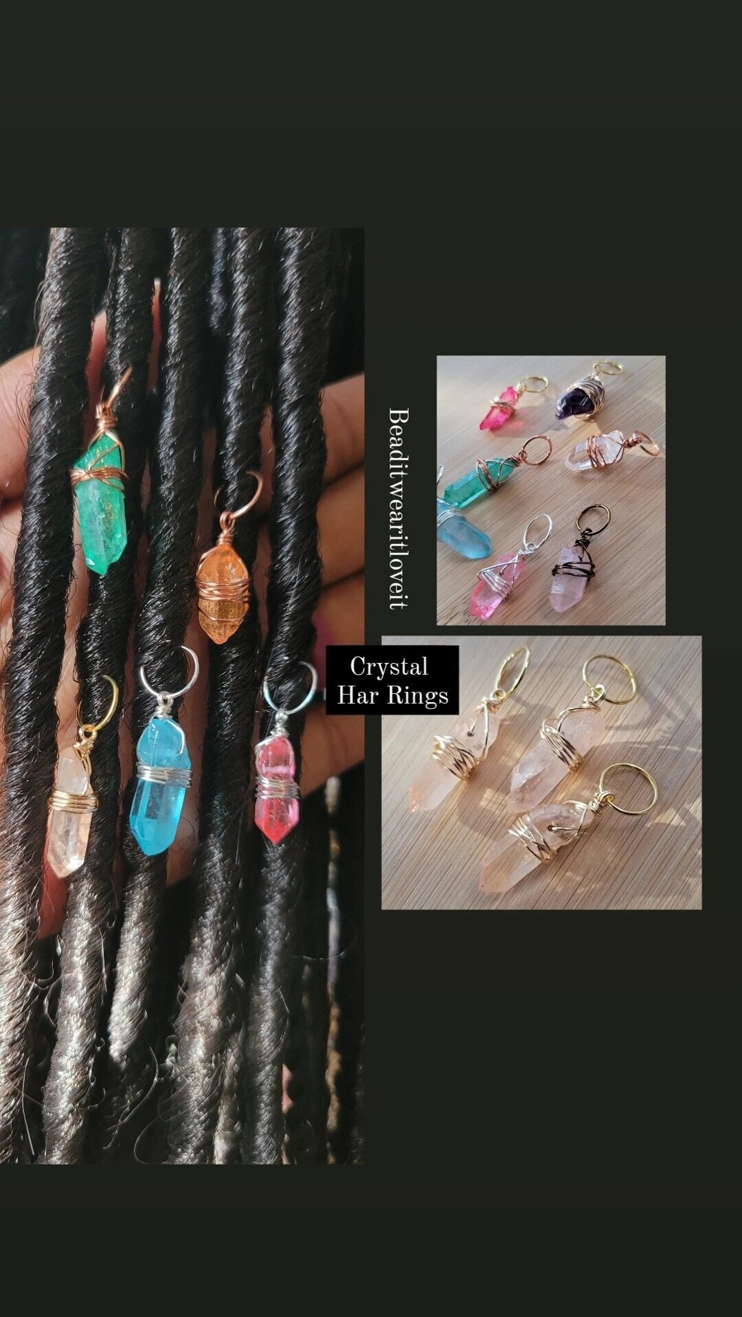 Quartz Crystal Hair Rings, Gemstone Loc Jewelry, Amethyst Hair Jewels ...