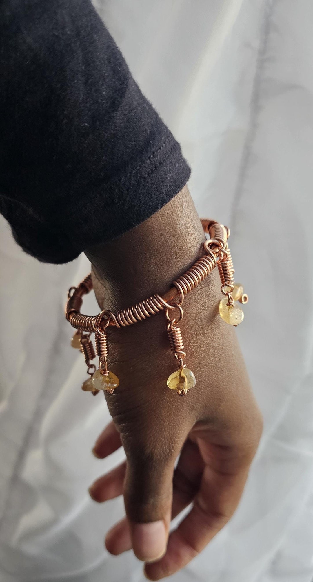 Pure Copper Core Wire Wrapped Citrine Crystal Bangles, Adjustable ...