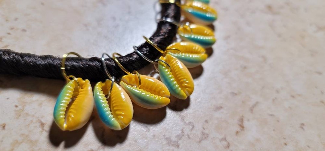 5pcs Yellow & Blue Natural Cowrie Shell Hair Rings, Dread Hair Rings ...