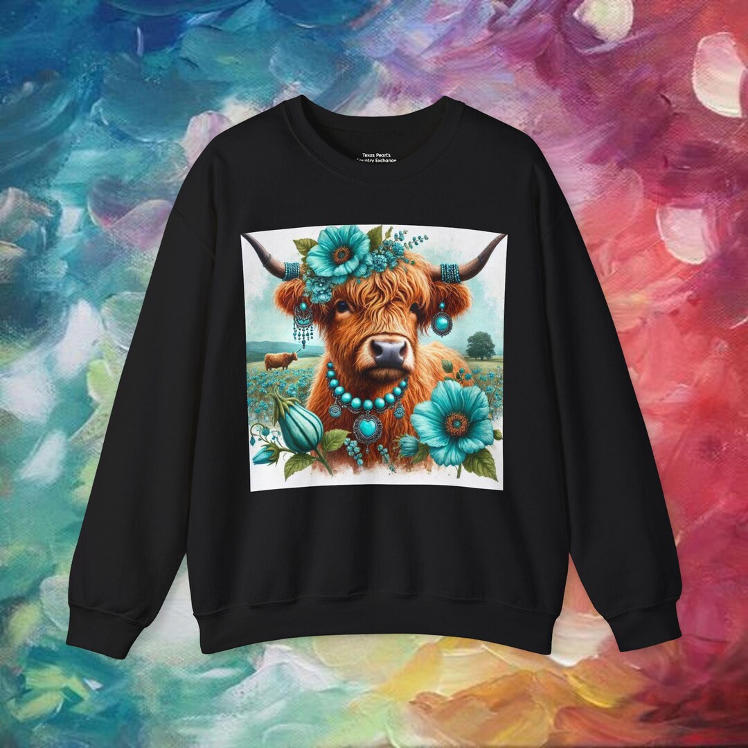 Highland Cow Turquoise Jewelry Flowers Sweatshirt, Cute Farm Animal ...
