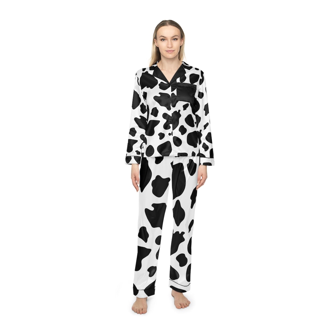 Black Cow Print Satin Pajama Set, Women's Sleepwear, Cow Pattern Pjs ...