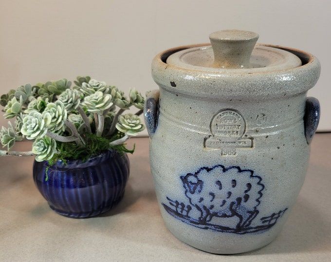 Rowe Pottery Works Stoneware Lidded Crock, Made in USA, Blue Sheep on ...