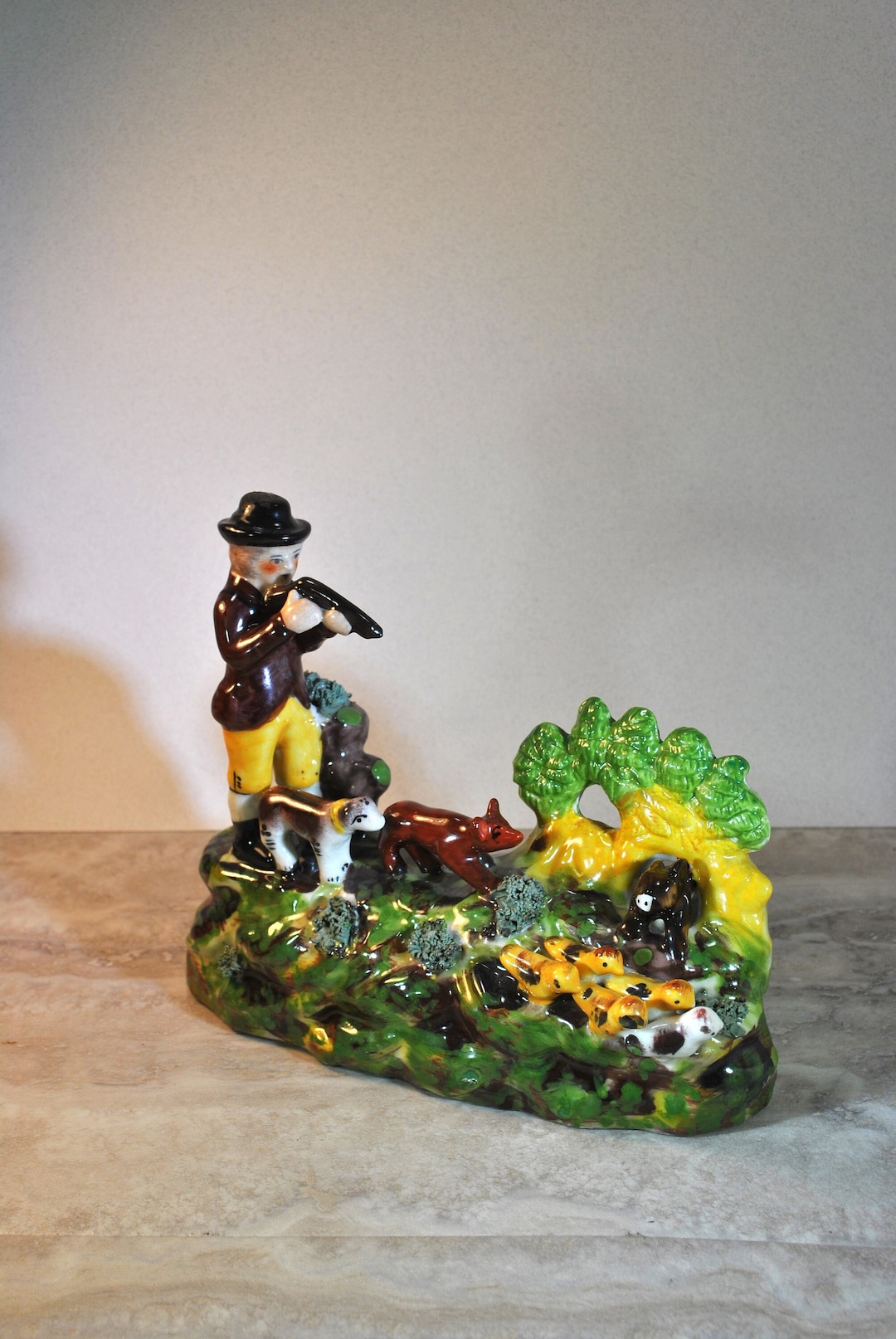 Colorful and Fun Hunting Scene Figurine With a Hunter, Dogs, a Boar and ...