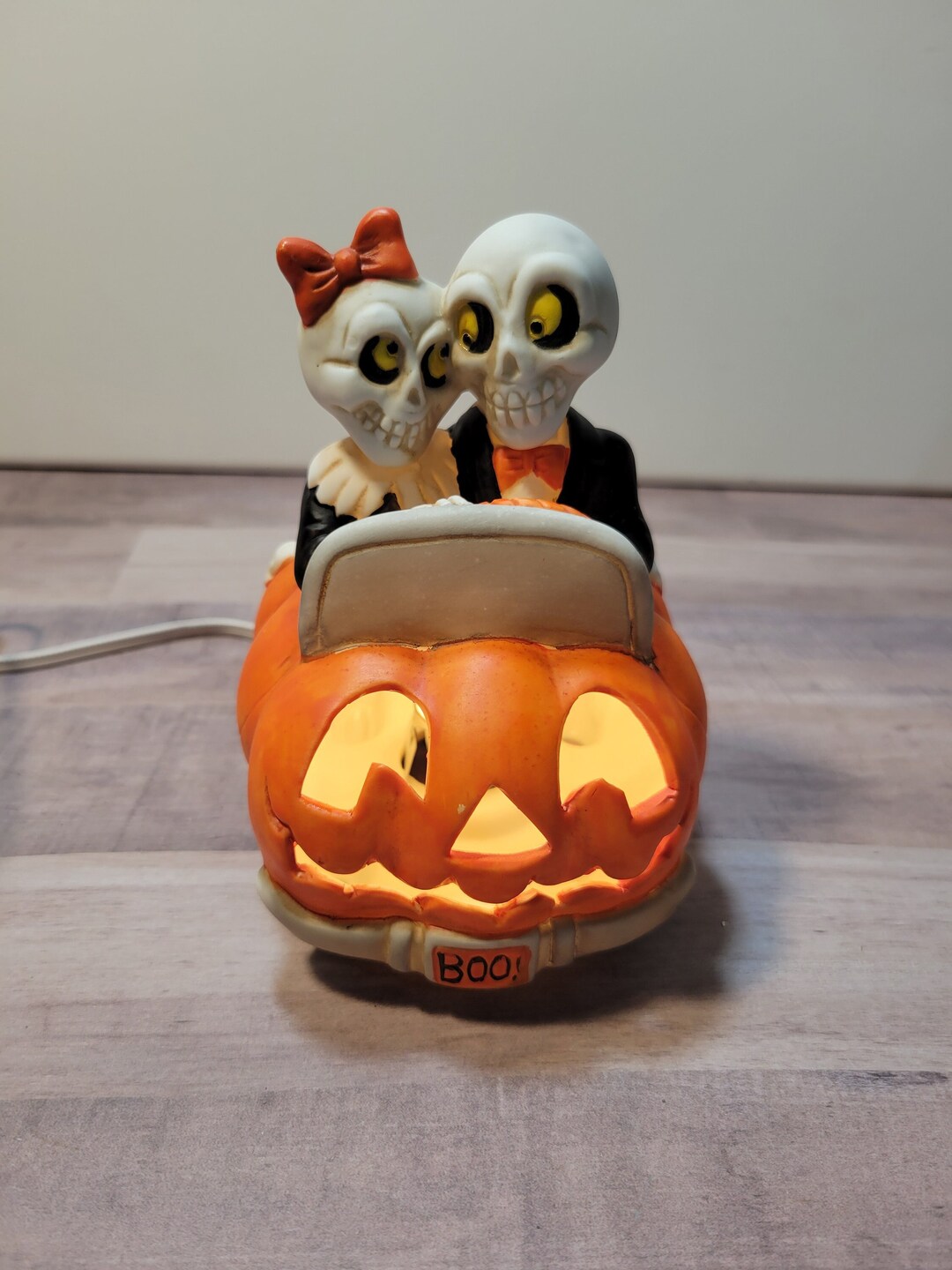 Spooky Skeletons Driving in a Pumpkin Car Vintage Halloween Decoration ...