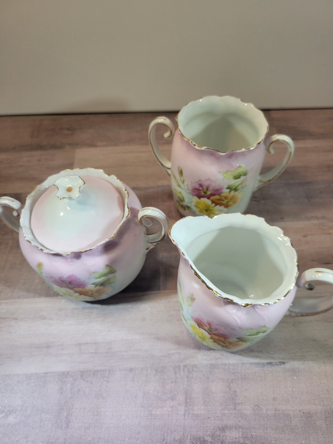 Pink Flowered Creamer, Sugar and Spooner, Antique Serving Ware ...