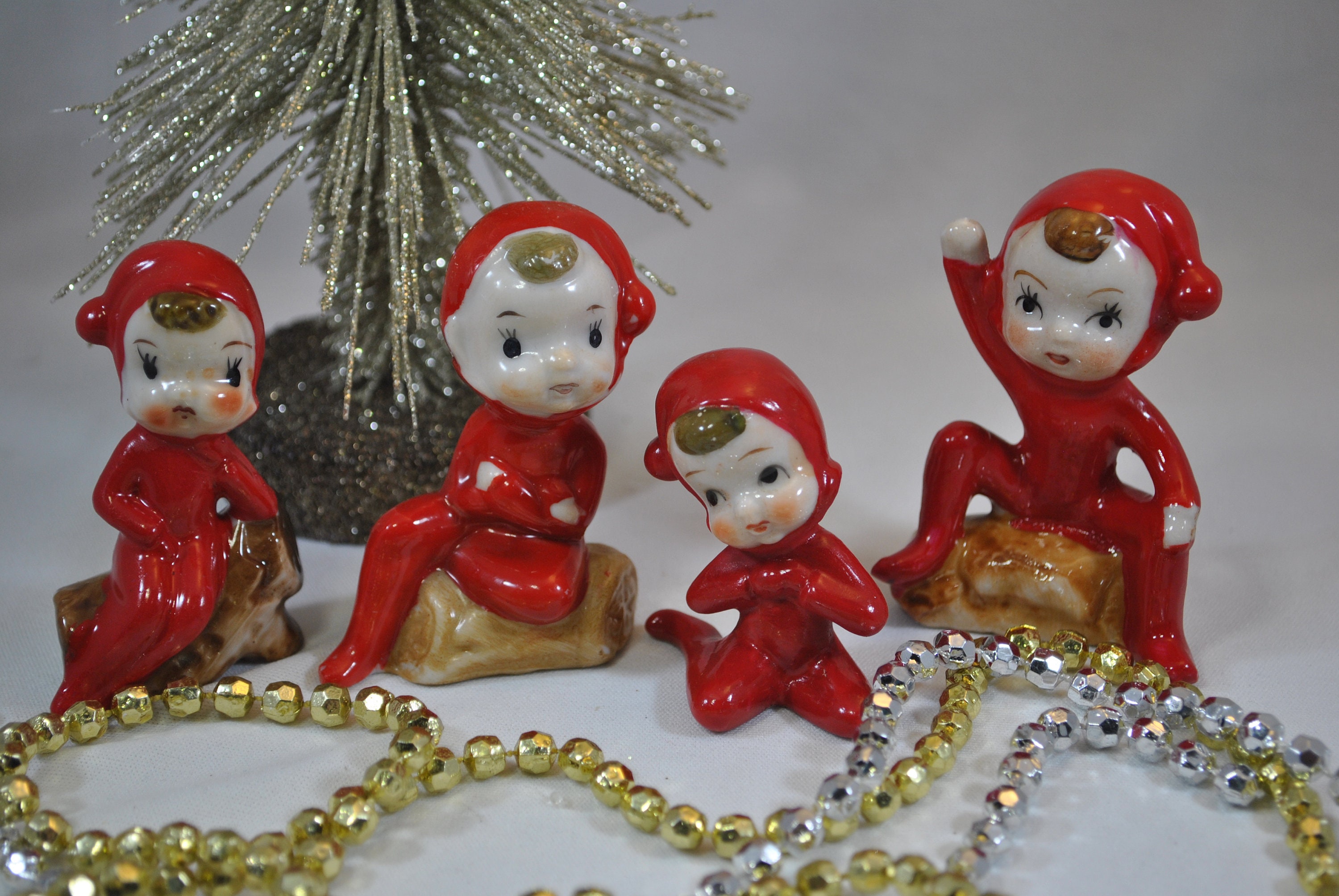 Christmas Pixie Figurines on Tree Stumps, Porcelain, Vintage, Red Elves ...