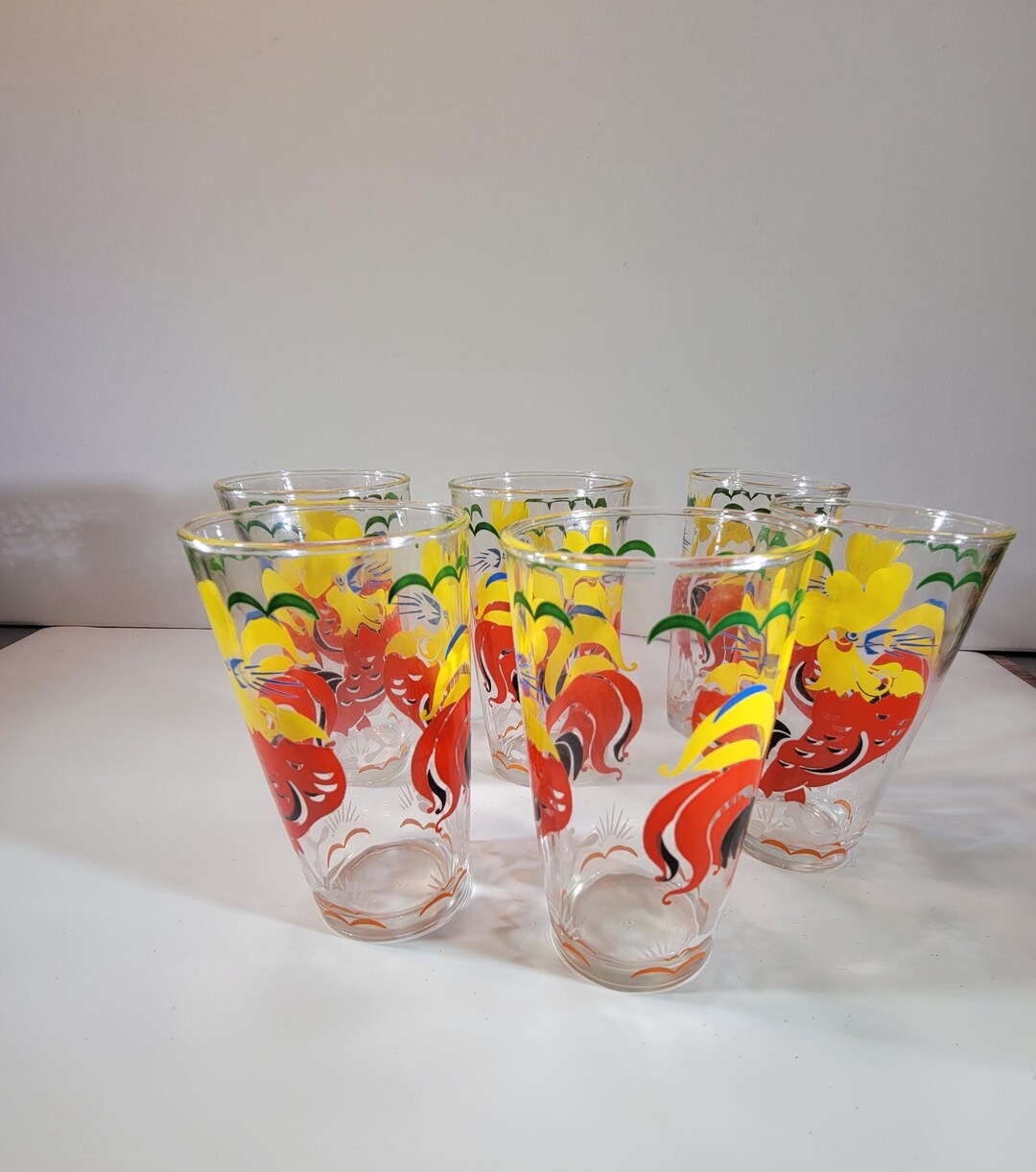 Hazel Atlas Rooster Drinking Glasses, Vintage Glassware, Set of 6 ...
