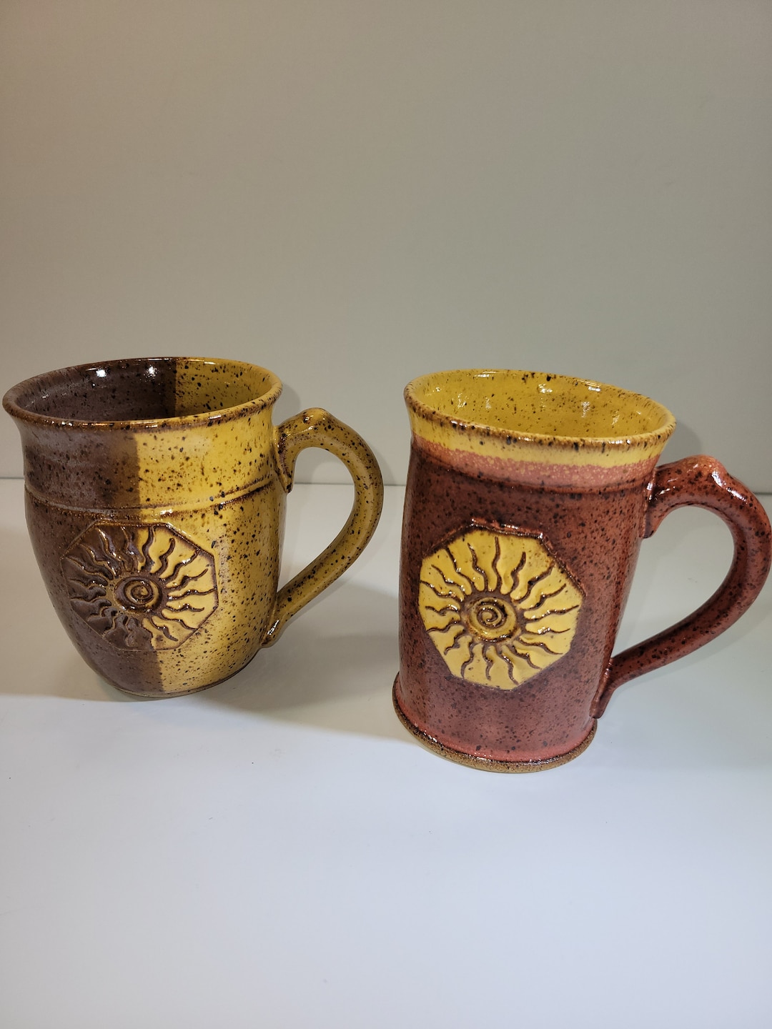 Studio Pottery Mugs With Great Sun Designs, Stoneware Mugs, Set of 2 ...