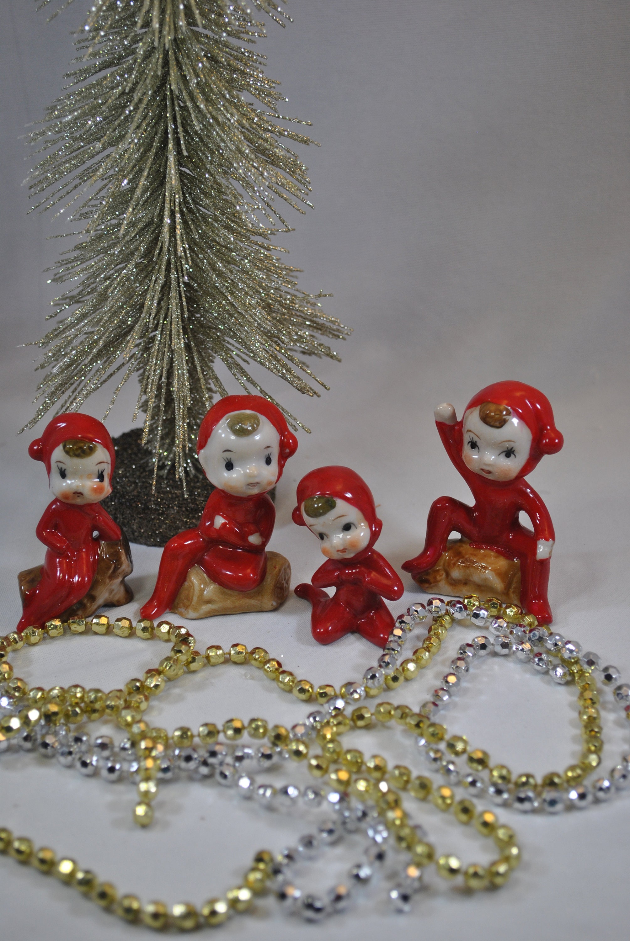 Christmas Pixie Figurines on Tree Stumps, Porcelain, Vintage, Red Elves ...