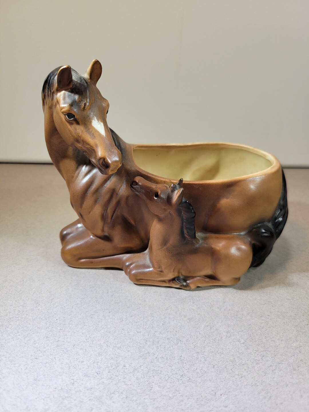 Lefton Horse Planter, Mare and Foal in Brown and Black, Vintage ...