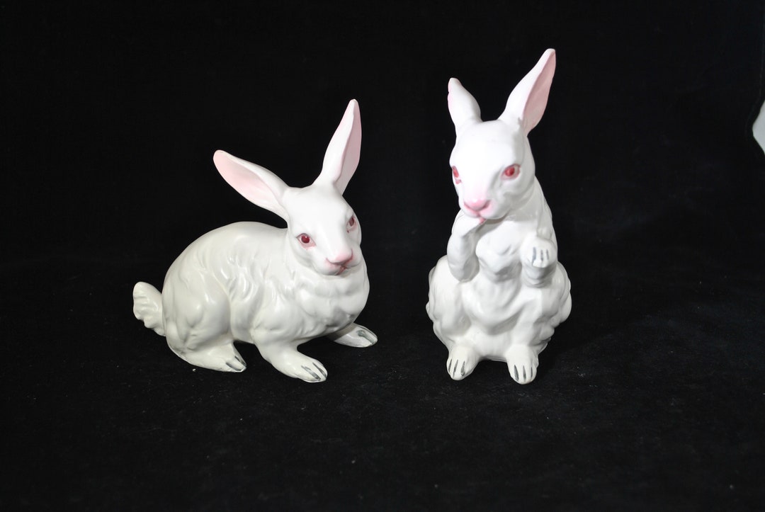 Set of 2 Napco Rabbit Figurines, Easter, White and Pink, Charming, 1950 ...