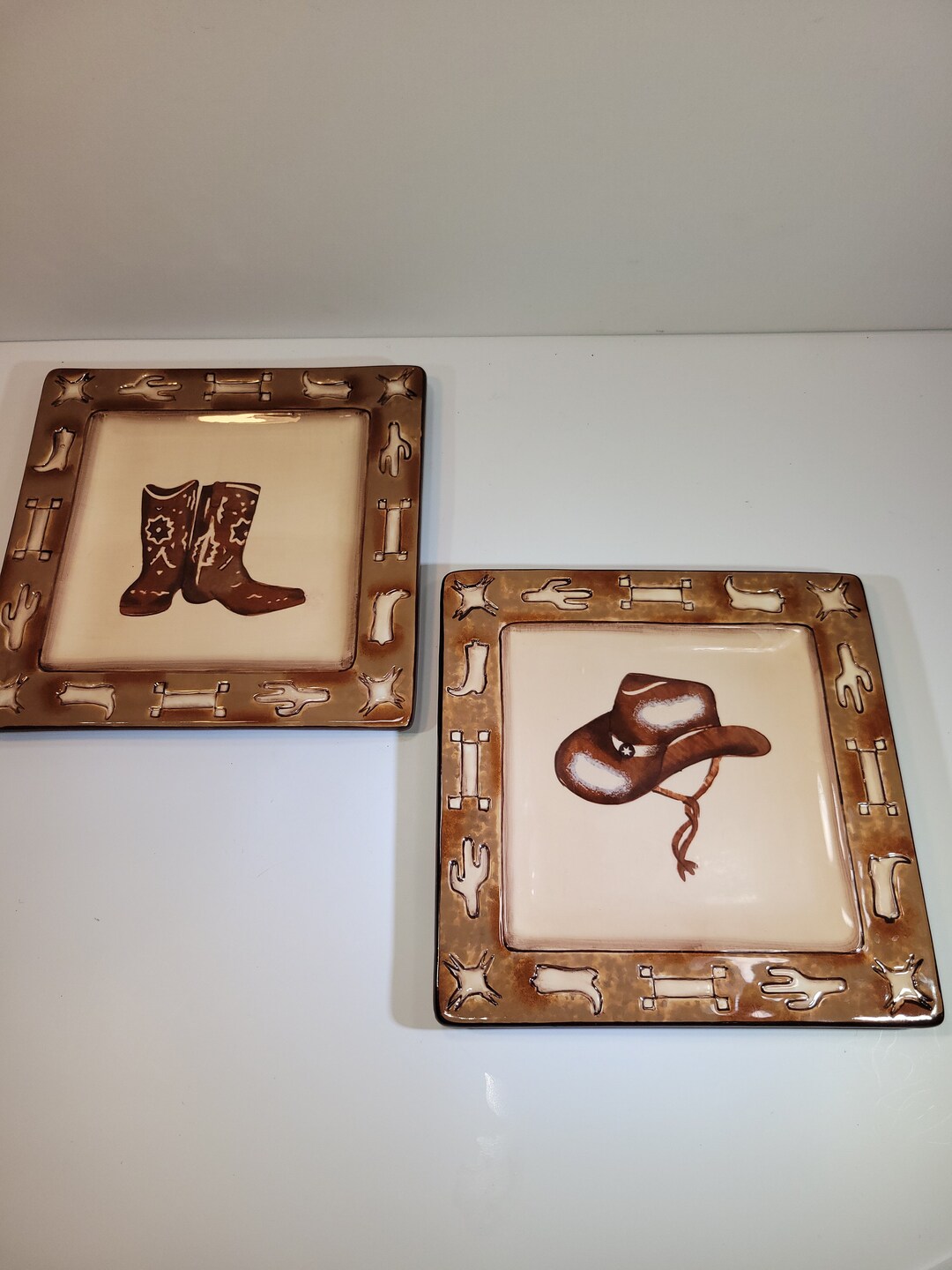 Cowboy Motif Ceramic Plates Made by Clay Art, Western Art, Cowboy Hat ...