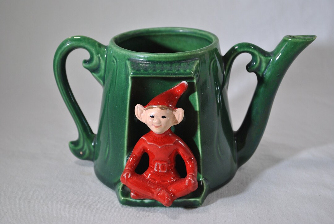Christmas Pixie Figurine in a Green Pitcher, Ceramic, Vintage, Elf ...